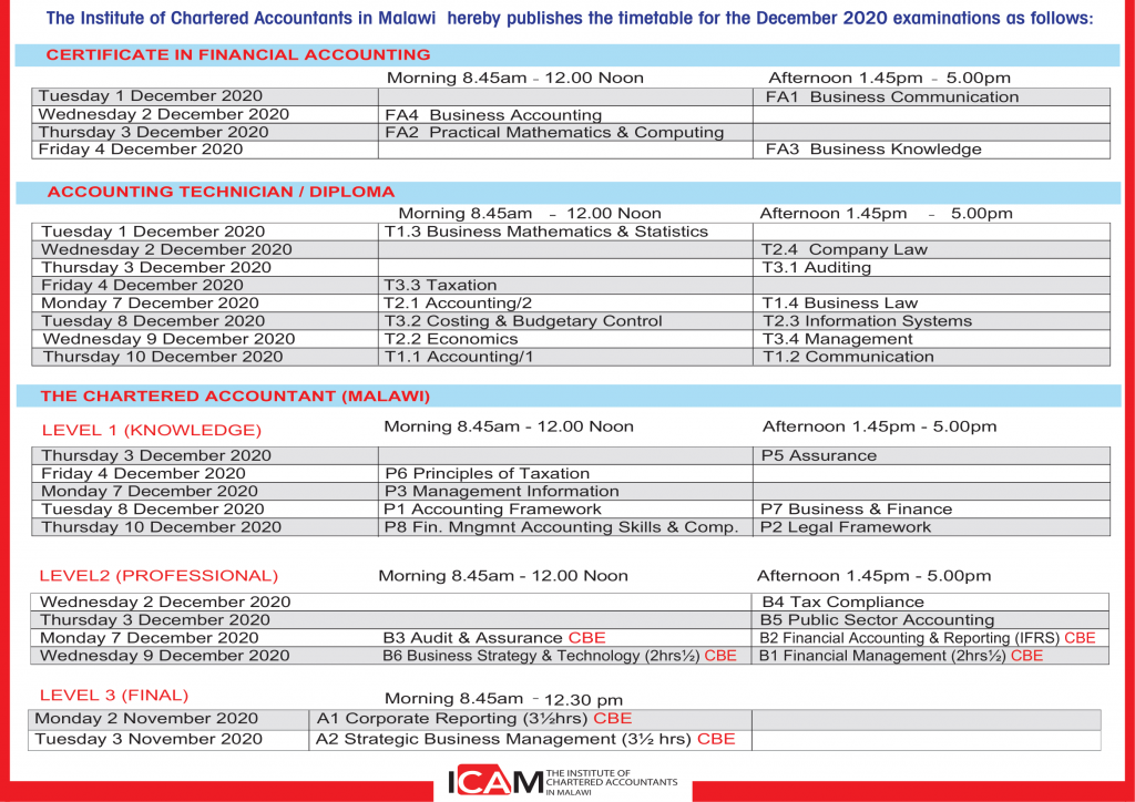 Exam Time Table December 2020 – Institute of Chartered Accountants in ...